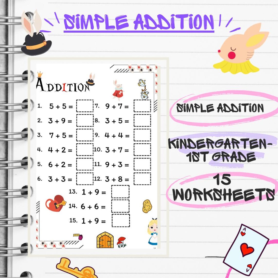 Alice in Wonderland Addition Worksheets: Kindergarten & 1st Grade (PDF ...