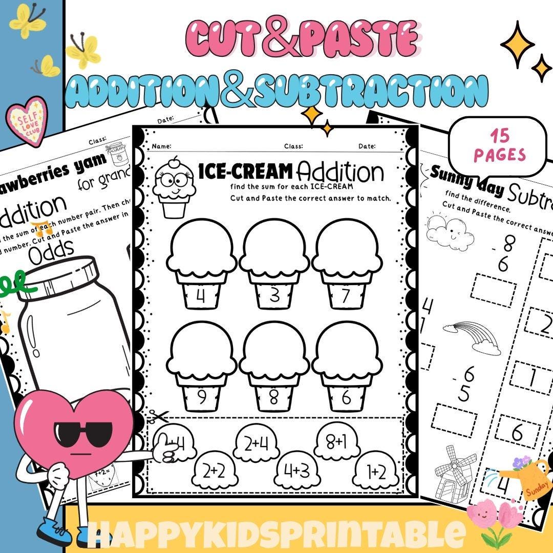 Cut and Paste Addition and Subtraction Worksheets | Hands-on Math ...