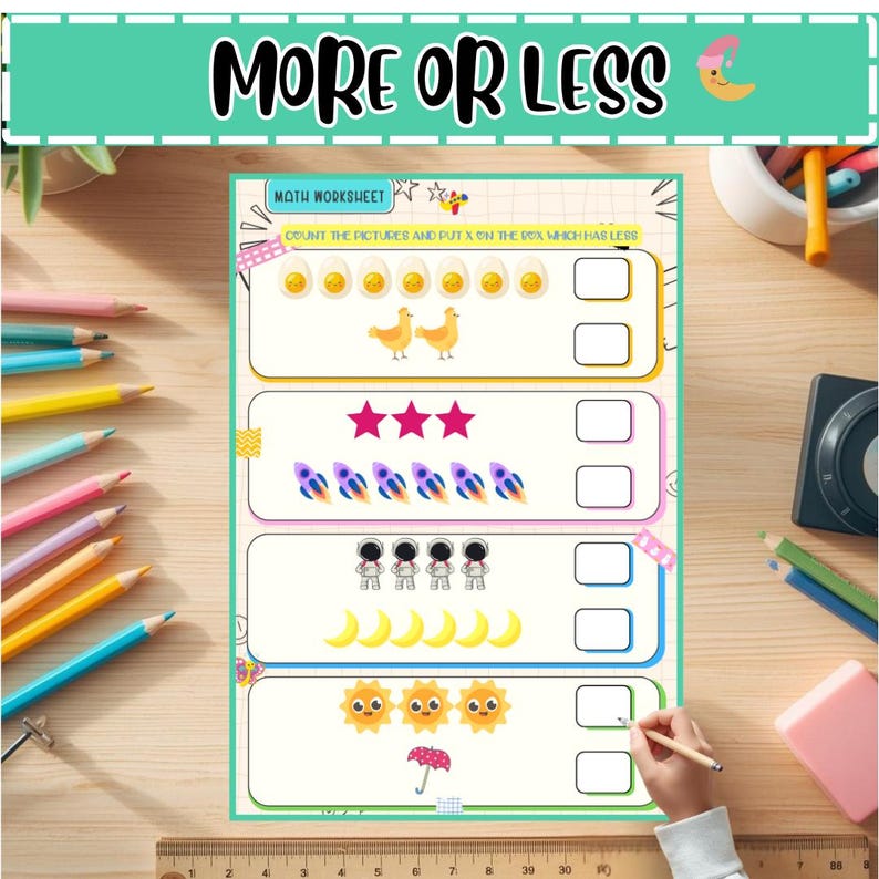 More or Less Kindergarten Worksheet: Comparing Numbers (printable) - Etsy