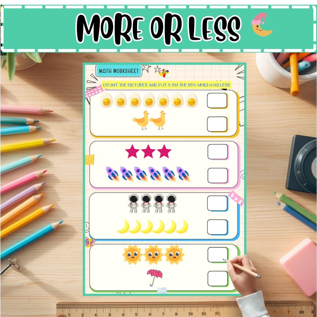 More or Less Kindergarten Worksheet: Comparing Numbers (printable) - Etsy