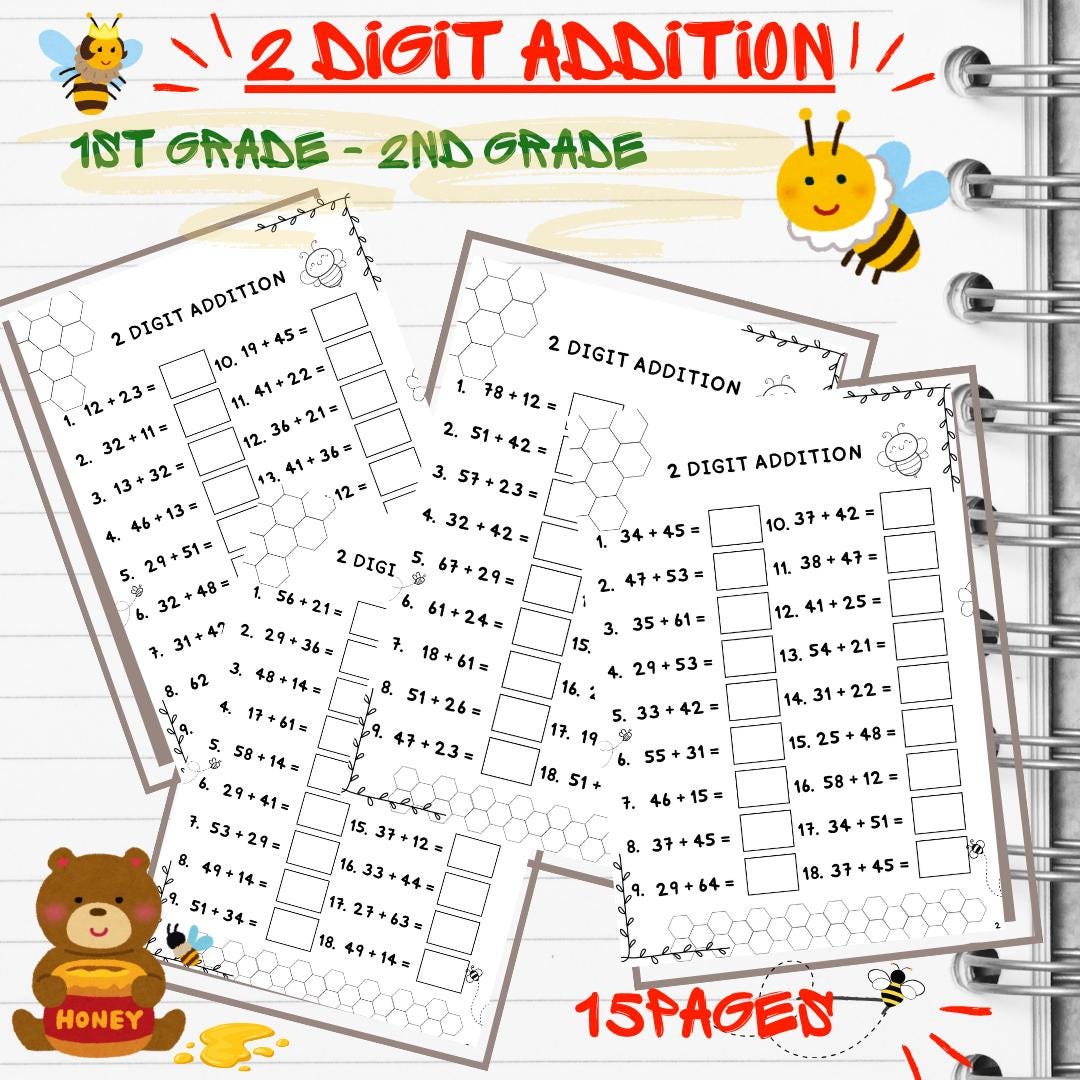 2-digit Addition Worksheets: 1st-2nd Grade Math Practice (printable) - Etsy