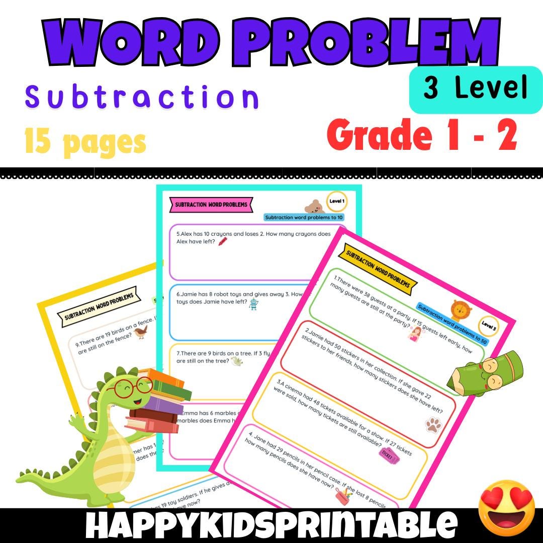 Subtraction Word Problems: Grade 1-2 Leveled Worksheets (printable PDF ...