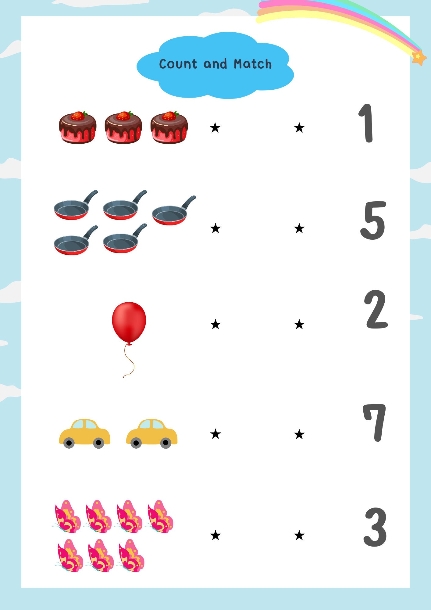 Kindergarten Worksheet, Count and Match, Math Worksheet, Counting ...