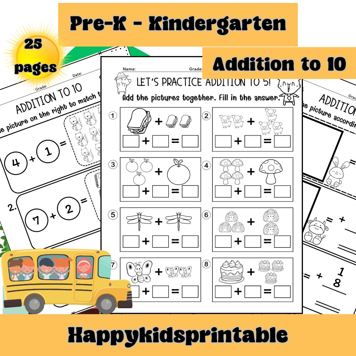 Addition to 10 Math Worksheets: Pre-k Kindergarten Cut & Paste (digital ...