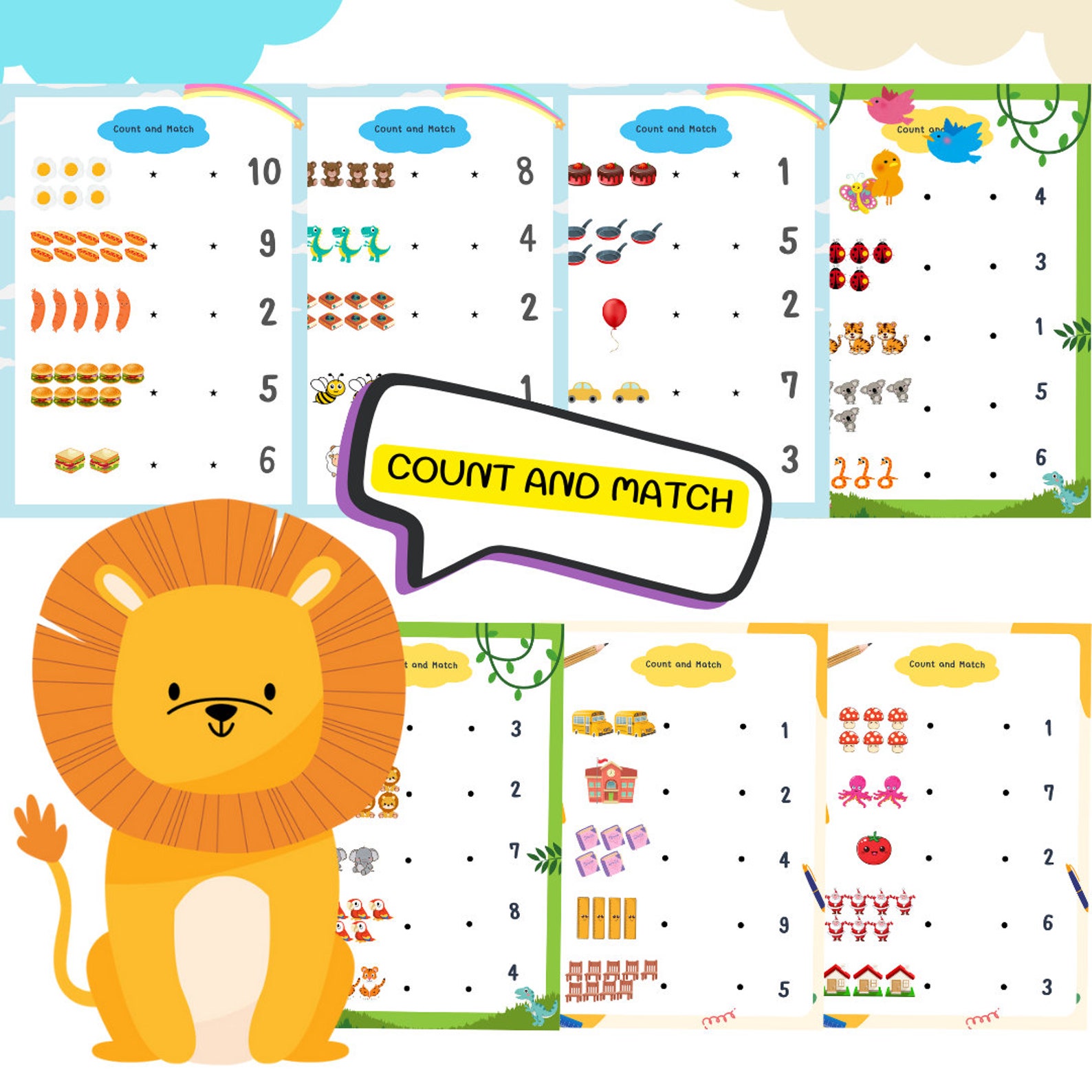 Kindergarten Worksheet, Count and Match, Math Worksheet, Counting ...