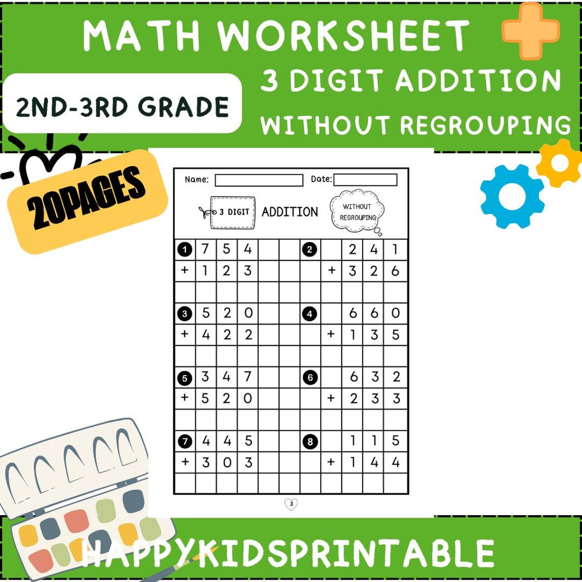 Addition Worksheet, 3digit Addition for Kids, Three Digit Addition ...