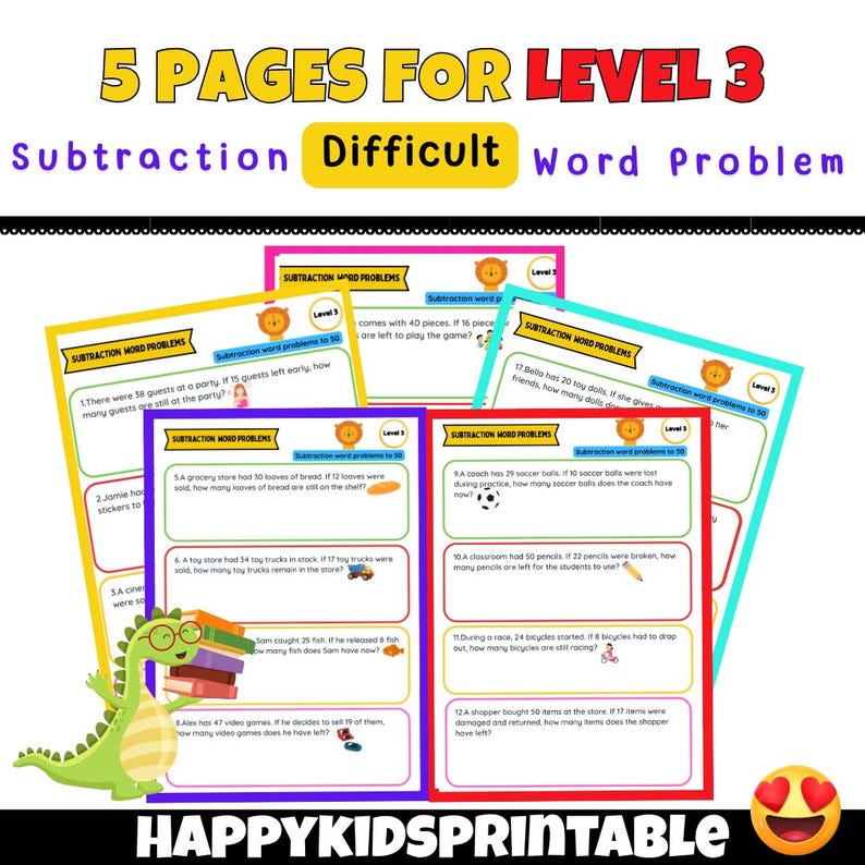 Subtraction Word Problems: Grade 1-2 Leveled Worksheets (printable PDF ...