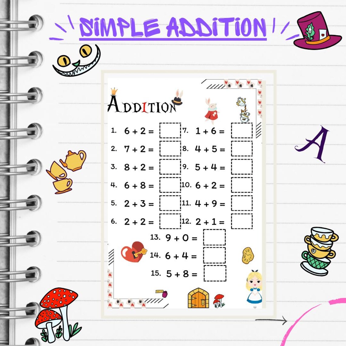 Alice in Wonderland Addition Worksheets: Kindergarten & 1st Grade (PDF ...