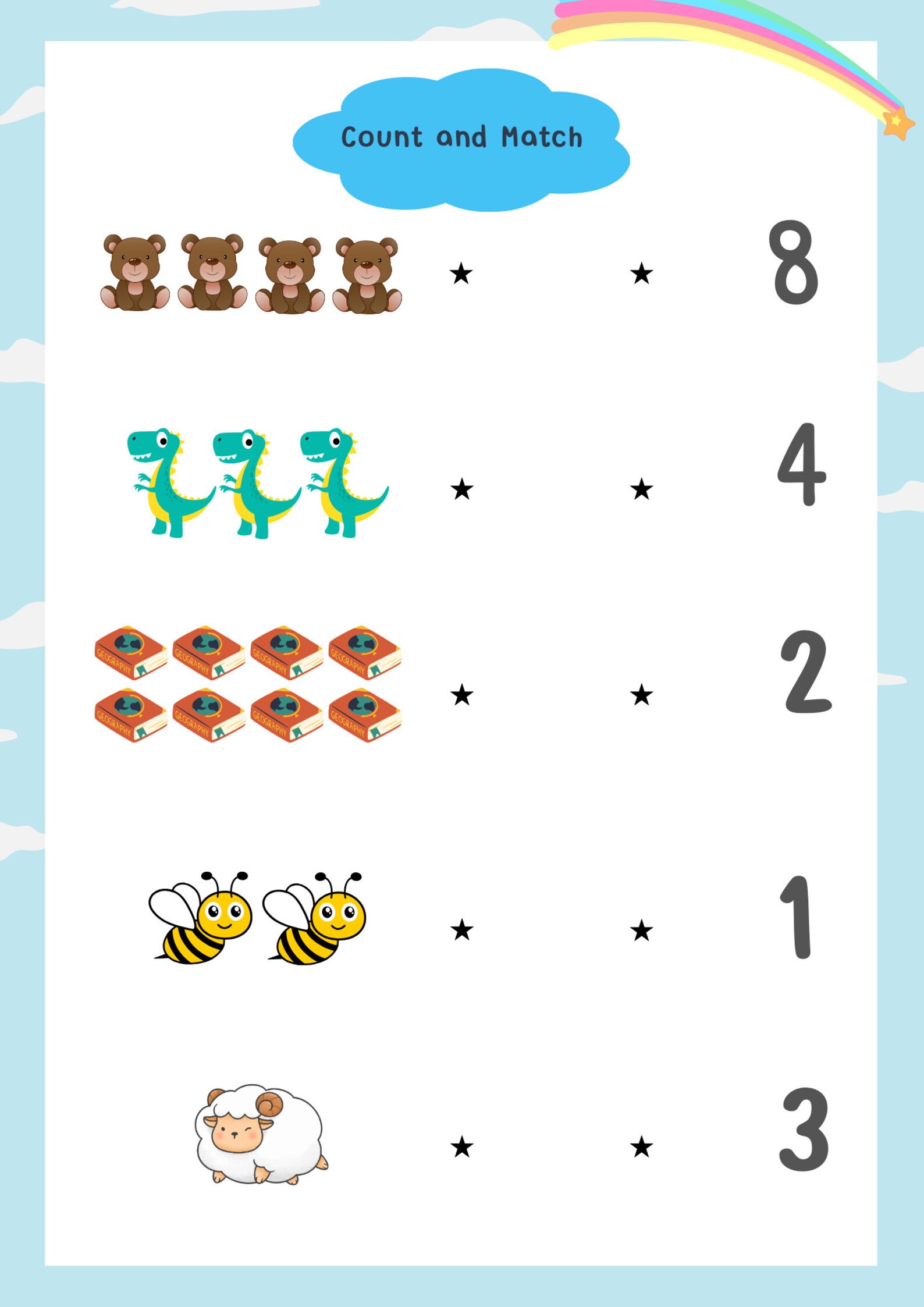 Kindergarten Worksheet, Count and Match, Math Worksheet, Counting ...