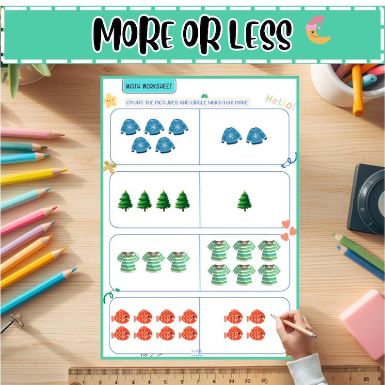 More or Less Kindergarten Worksheet: Comparing Numbers (printable) - Etsy