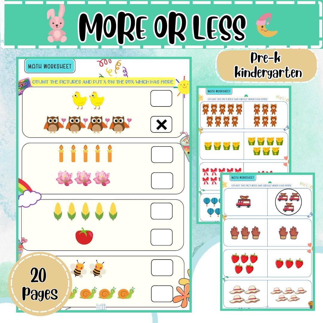 More or Less Kindergarten Worksheet: Comparing Numbers (printable) - Etsy