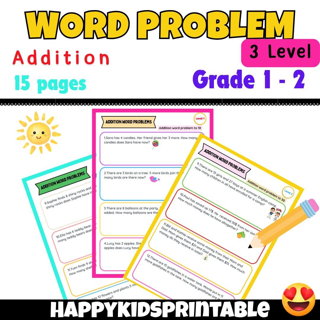Addition Word Problems for Grade 1 & Grade 2 | 3 Levels of Difficulty ...