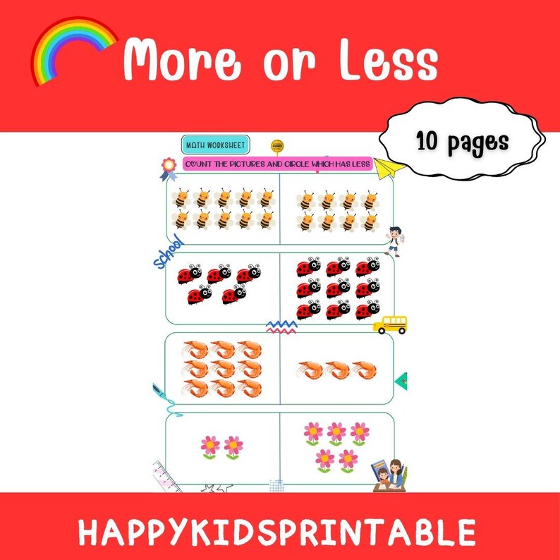More or Less Kindergarten Worksheet: Comparing Numbers (printable) - Etsy
