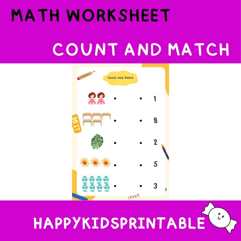 Kindergarten Worksheet, Count and Match, Math Worksheet, Counting ...