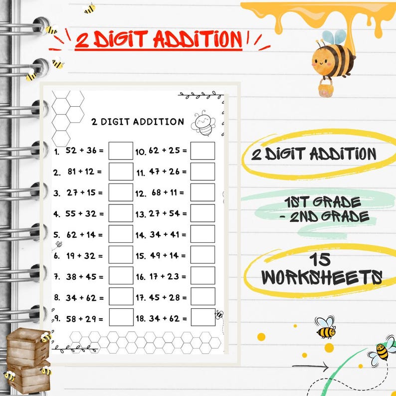 2-digit Addition Worksheets: 1st-2nd Grade Math Practice (printable) - Etsy
