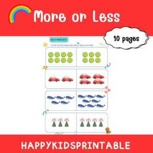 More or Less Kindergarten Worksheet: Comparing Numbers (printable) - Etsy