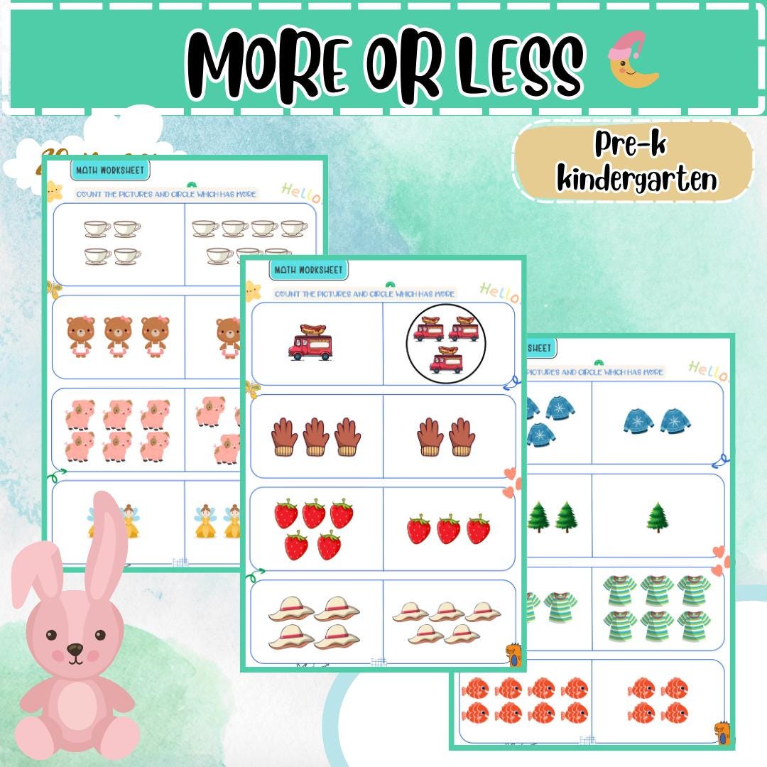 More or Less Kindergarten Worksheet: Comparing Numbers (printable) - Etsy