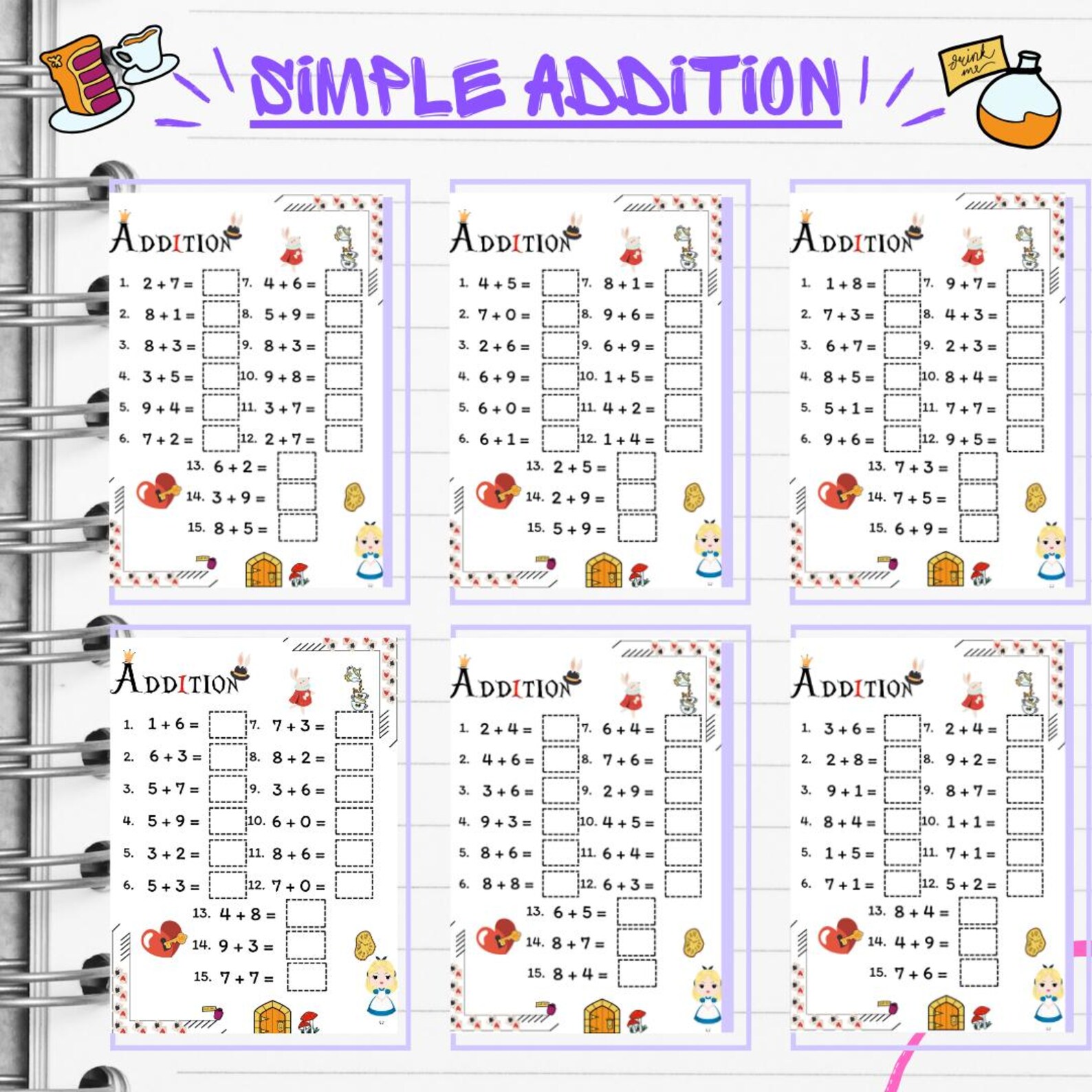 Alice in Wonderland Addition Worksheets: Kindergarten & 1st Grade (PDF ...