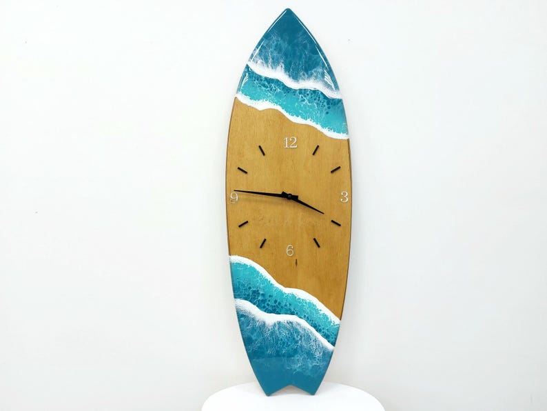 Teal Surfboard Clock With Ocean Waves Beachy Room Decor Surfboard Wall ...