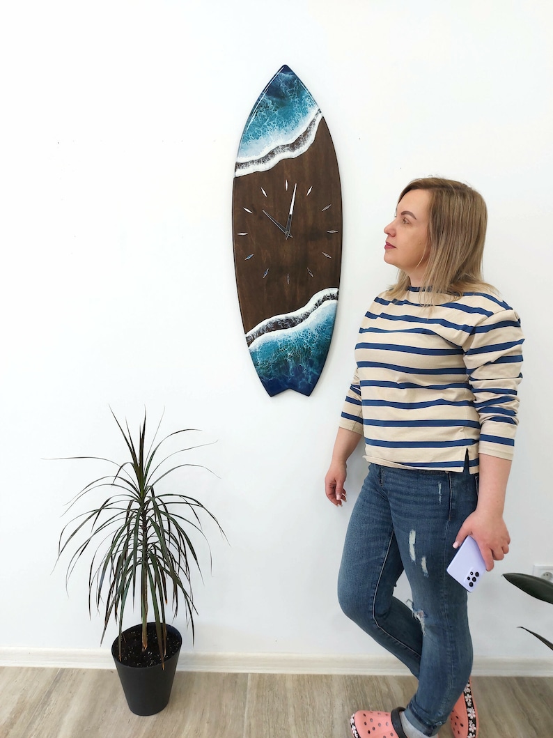 Surfboard Clock With Ocean Waves Beachy Room Decor Surfboard Wall Art ...