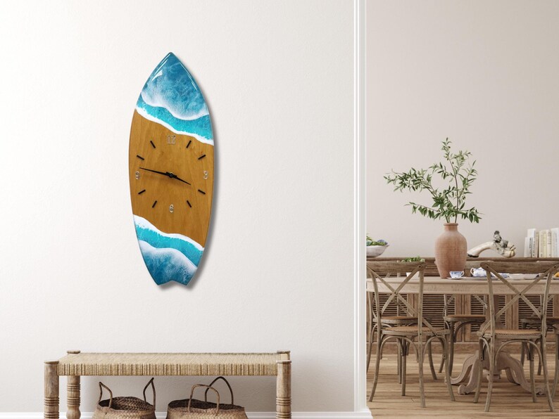 Teal Surfboard Clock With Ocean Waves Beachy Room Decor Surfboard Wall ...