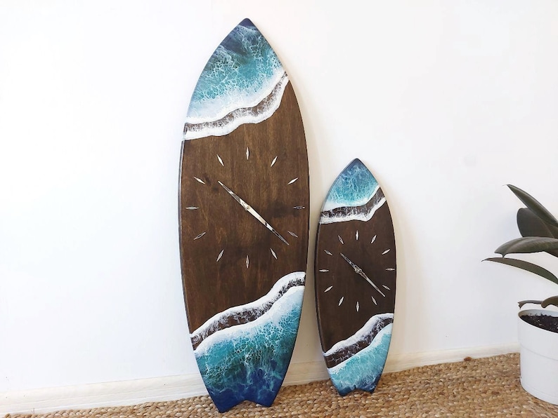 Surfboard Clock With Ocean Waves Beachy Room Decor Surfboard Wall Art ...