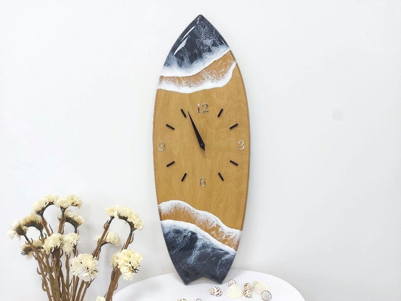 Surfboard Clock With Ocean Waves Beachy Room Decor Surfboard Wall Art ...