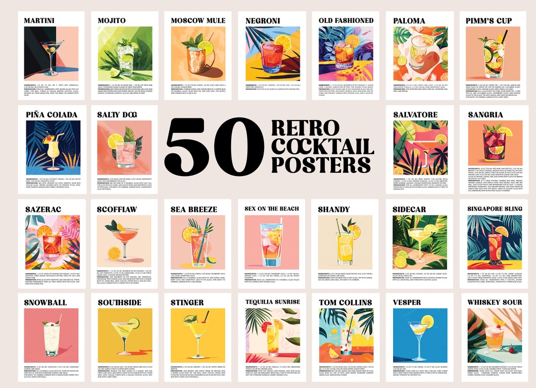 50 Retro Cocktail Posters Bundle, Recipe Cocktail Art Print, Party ...