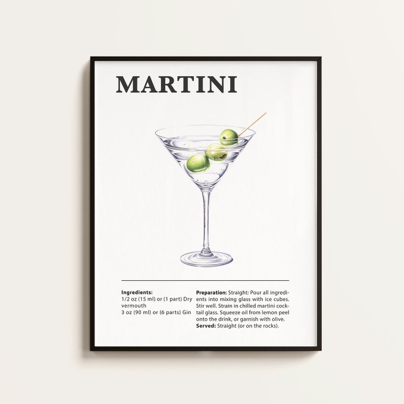 Martini Poster. Minimalist, Cocktail Recipe, Alcohol, Art Print, Party ...
