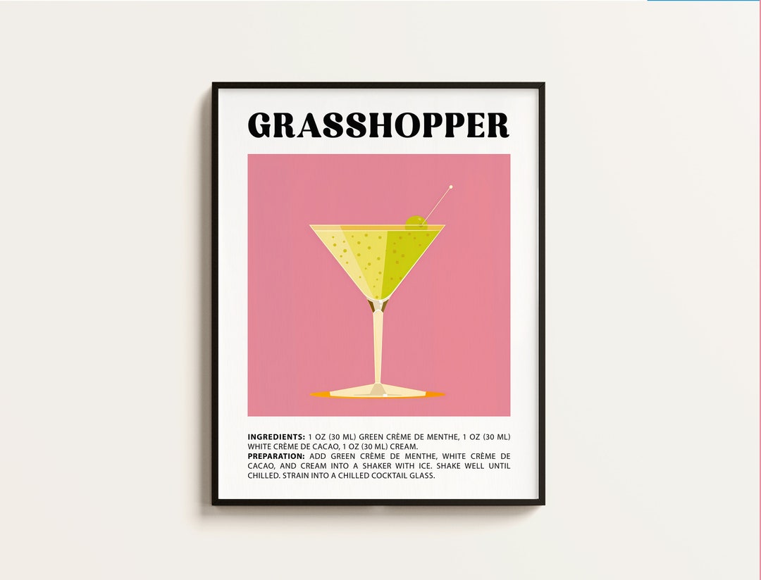 Grasshopper Retro Cocktail Poster, Recipe Cocktail Art Print, Party ...