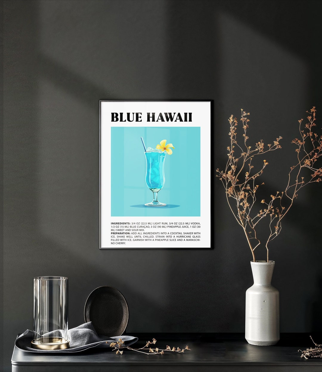 Blue Hawaii Cocktail Recipe Art Print: Retro Bar Decor (downloadable ...