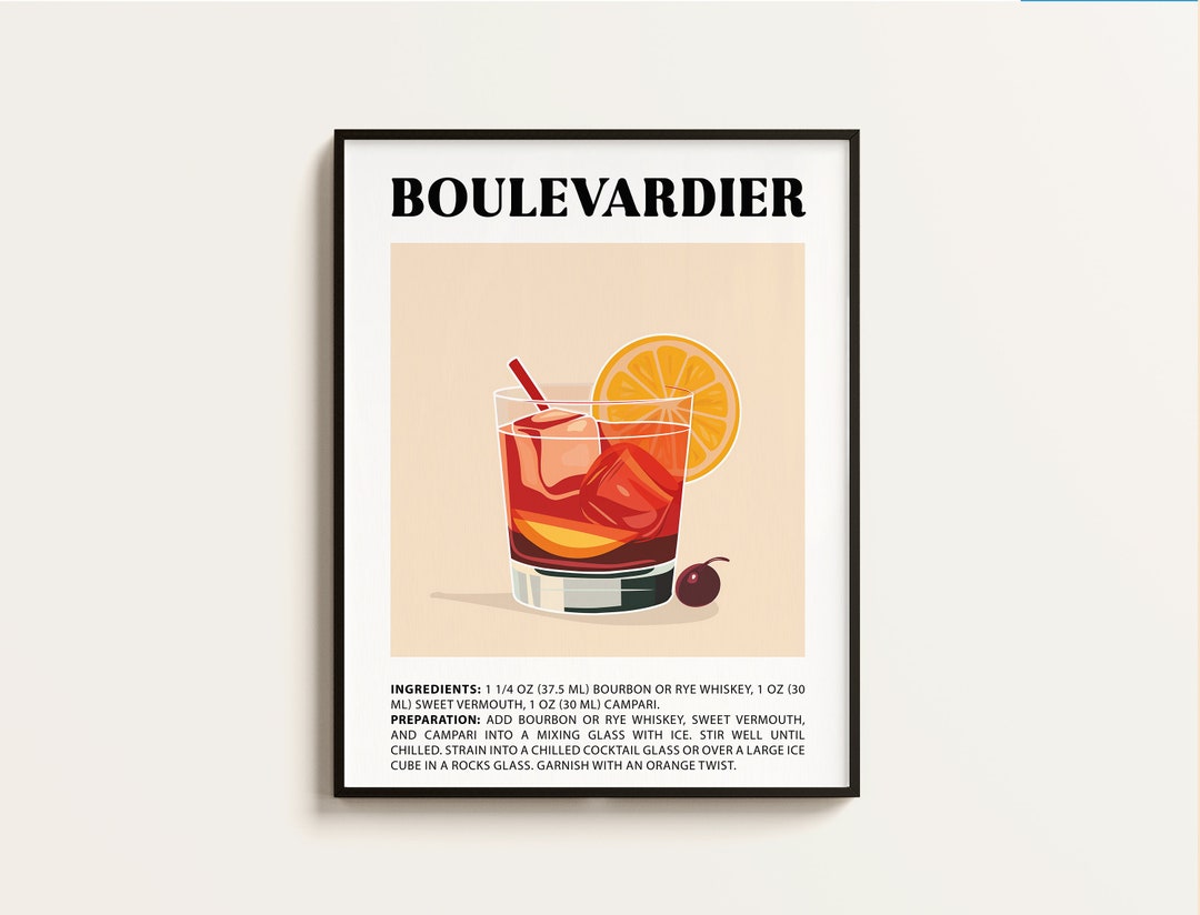 Boulevardier Retro Cocktail Poster, Recipe Cocktail Art Print, Party ...