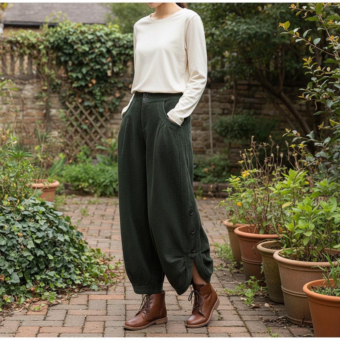 Corduroy Button up Bloomer Trousers: Cropped Cotton Blend Pants With ...