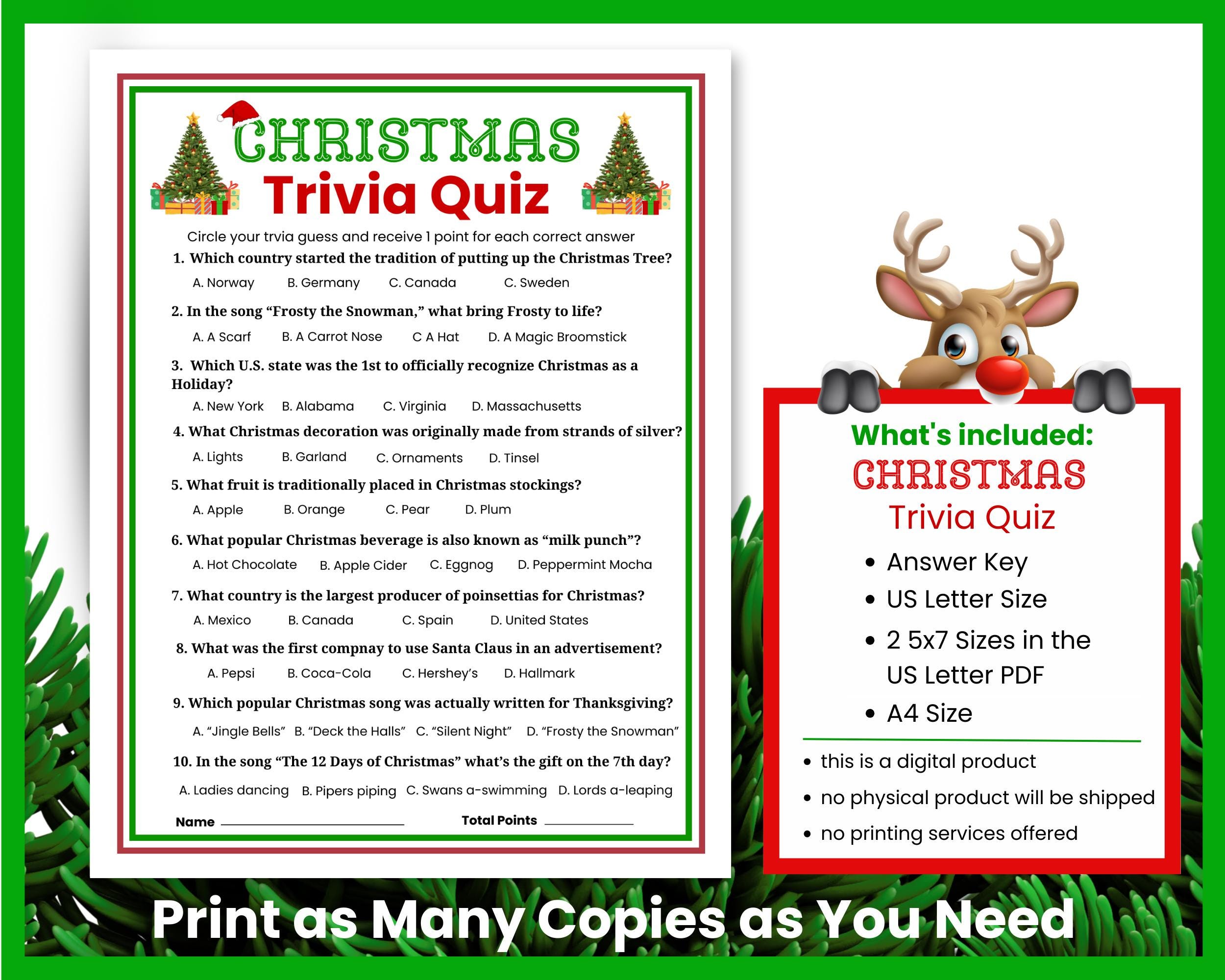 Printable Christmas Trivia Game, Holiday Trivia Party Game, Fun ...