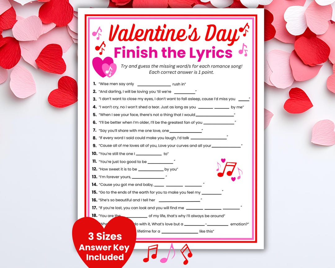 Love Songs Finish the Lyrics Game, Printable Valentines Party Game ...