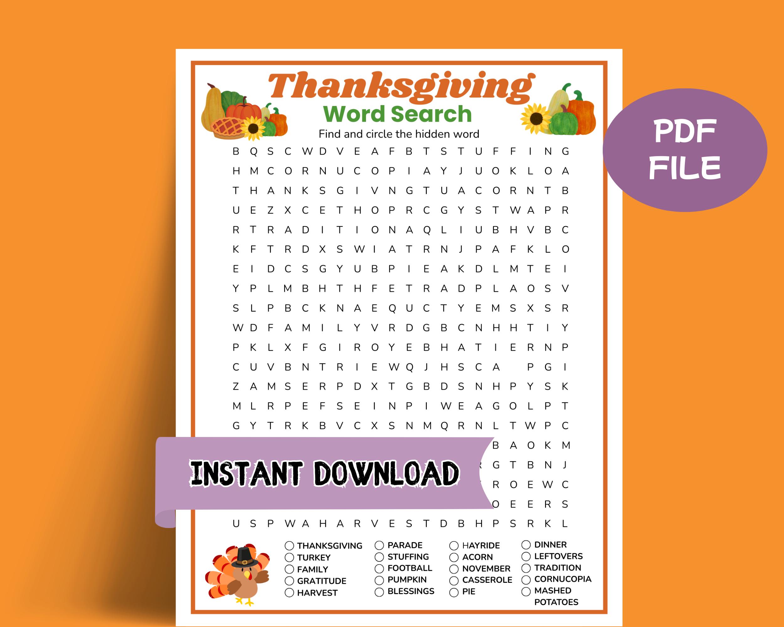 Thanksgiving Word Search Game, Printable Thanksgiving Game for Kids ...