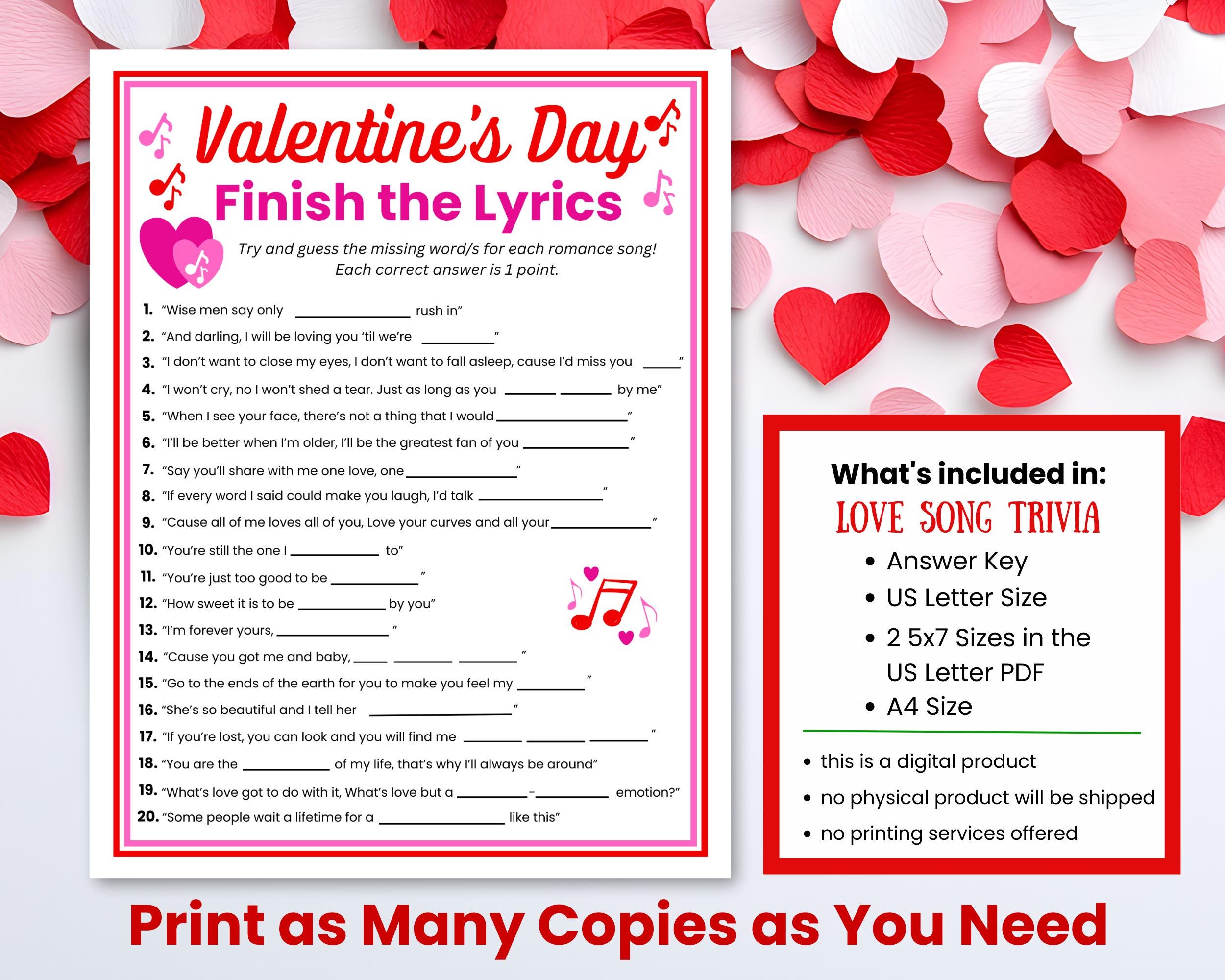 Love Songs Finish the Lyrics Game, Printable Valentines Party Game ...