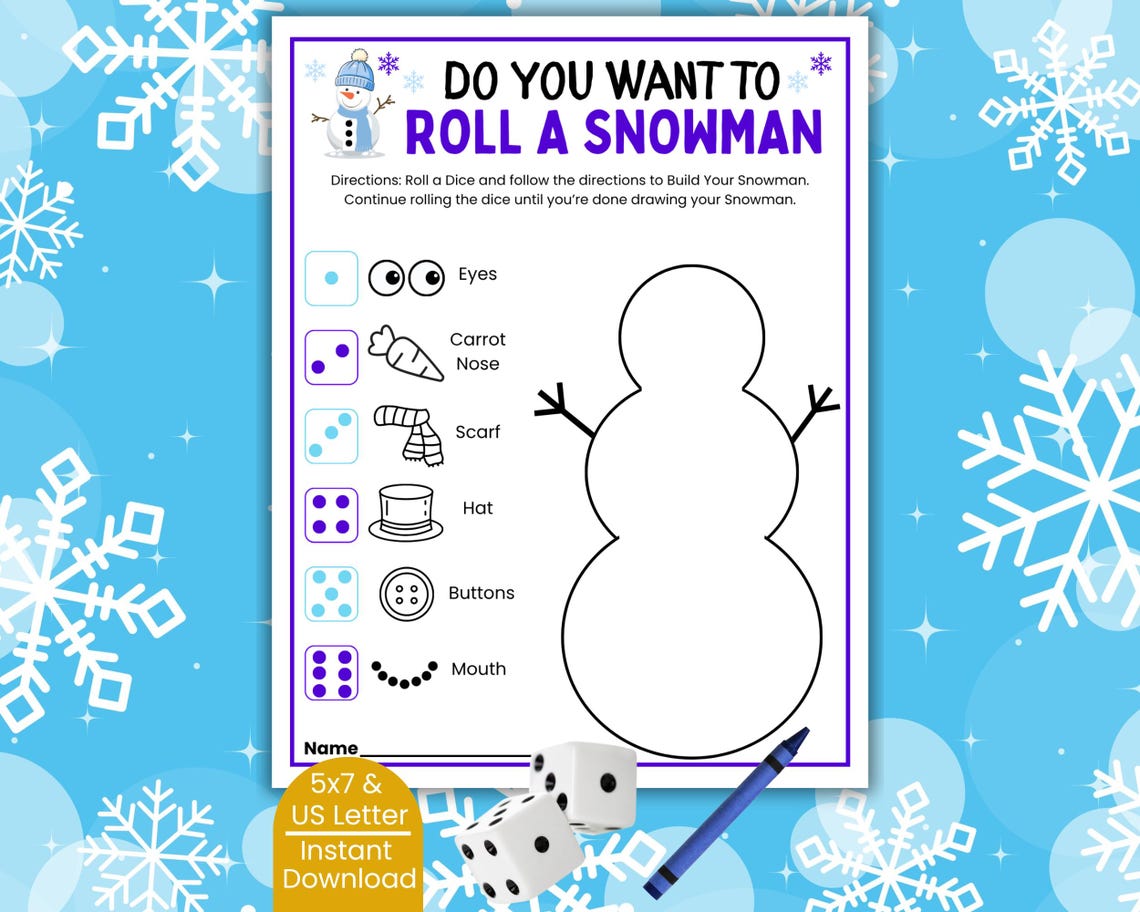 Roll a Snowman Dice Game, Printable Snowman Game, Preschool and ...