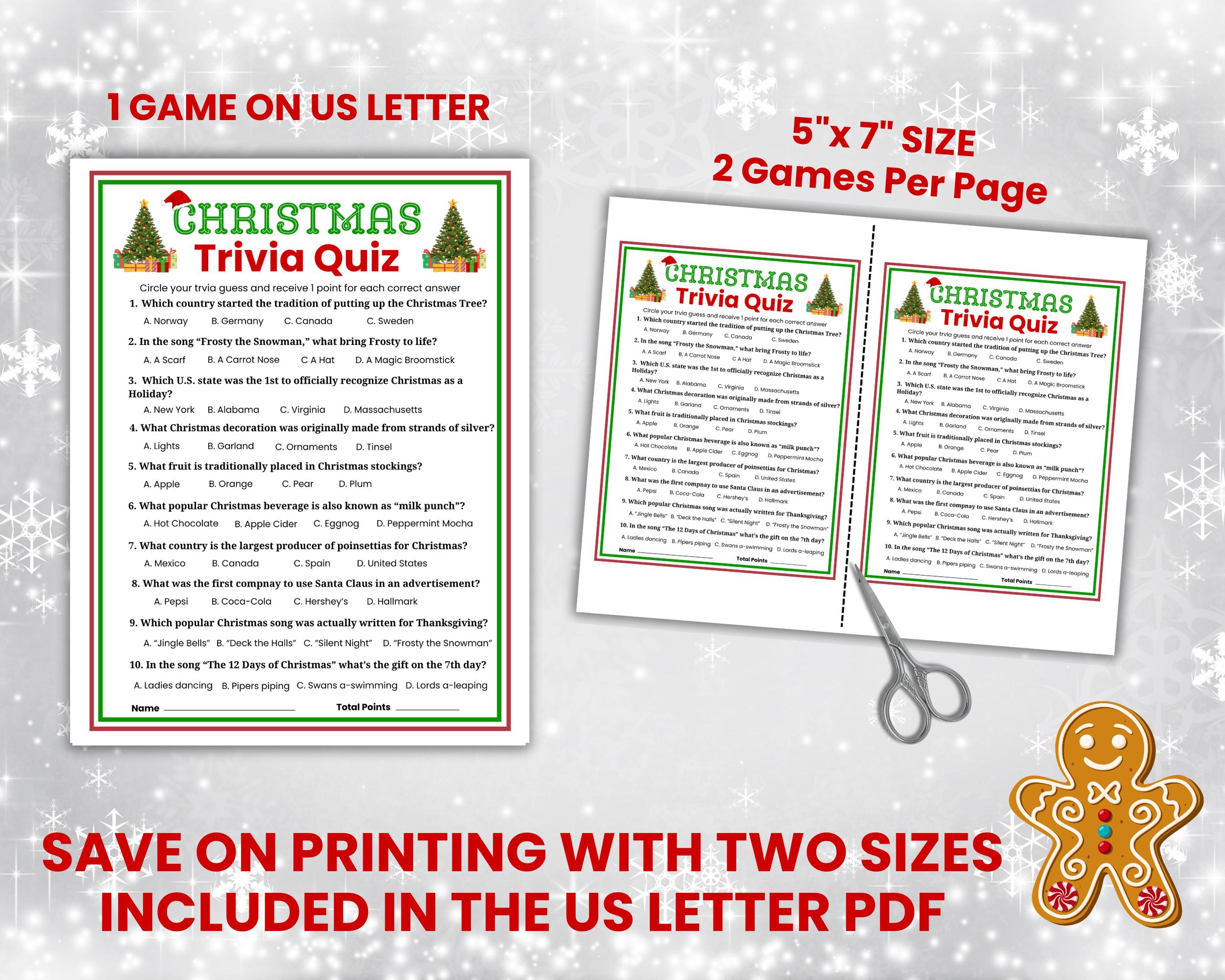 Printable Christmas Trivia Game, Holiday Trivia Party Game, Fun ...