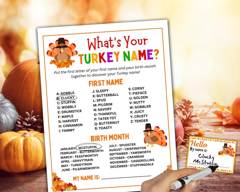 What's Your Turkey Name Game, Printable Thanksgiving Name Generator ...