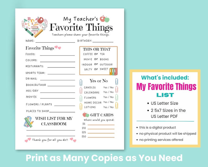 Teacher Favorite Things Printable, Favorite Things Questionnaire ...