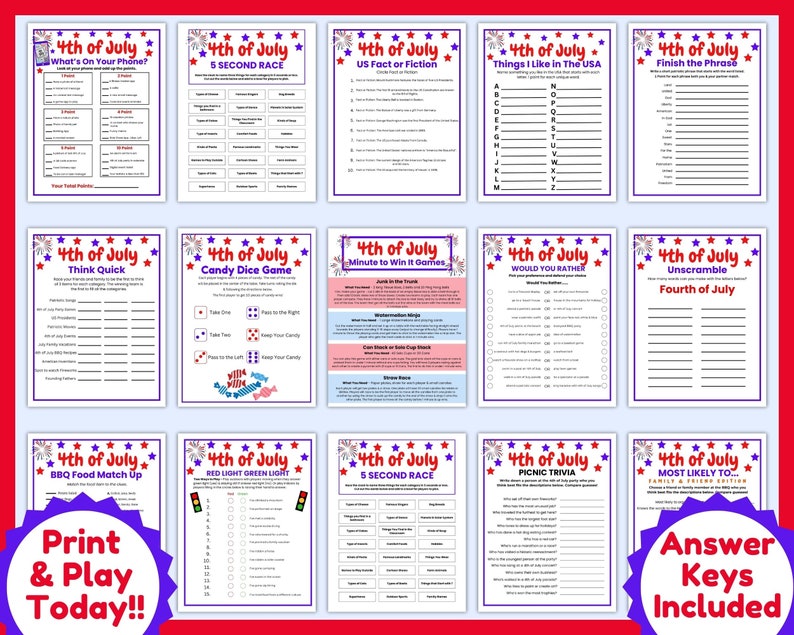 Printable 4th of July Games, Independence Day Games, 4th of July Party ...