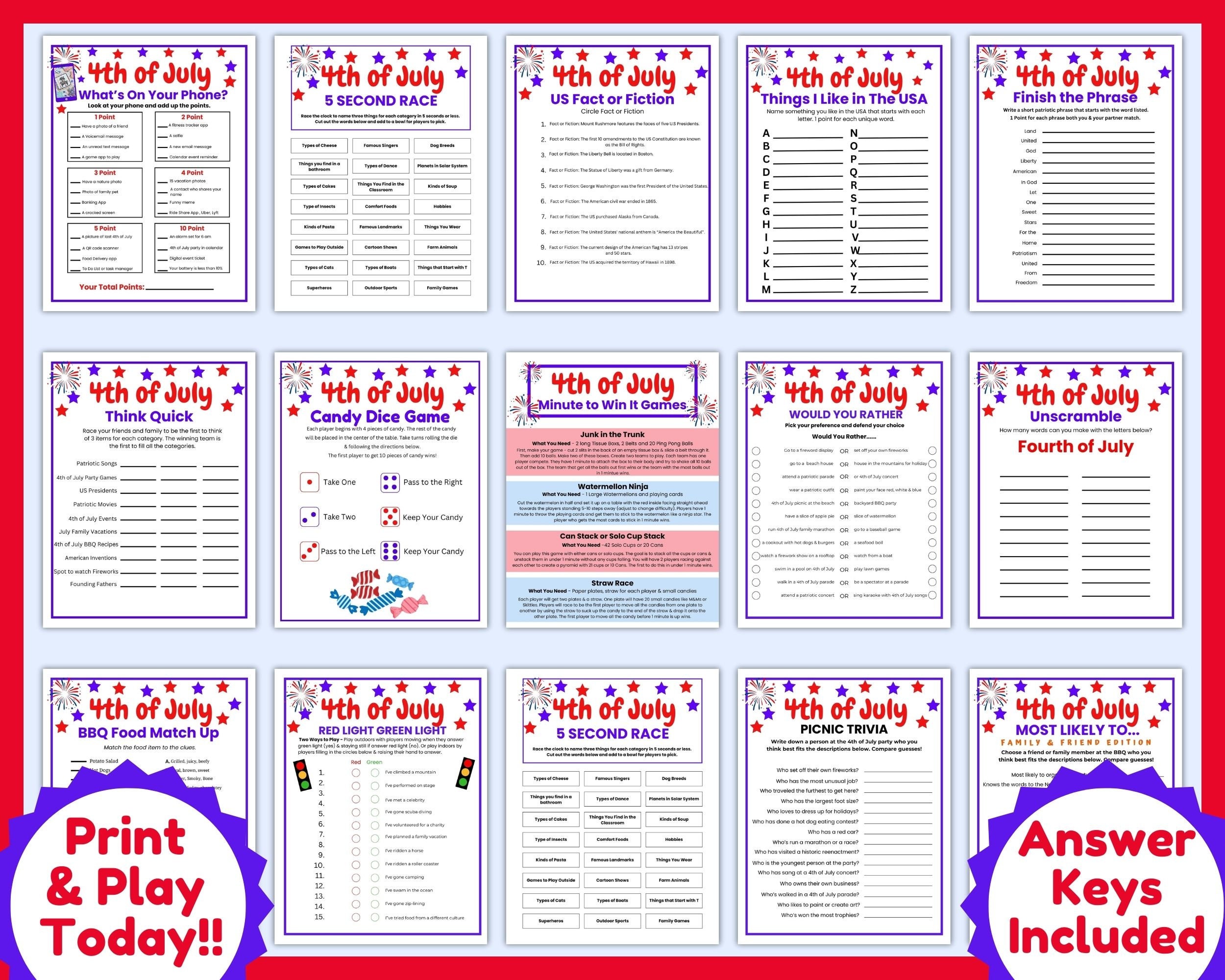 Printable 4th of July Games, Independence Day Games, 4th of July Party ...
