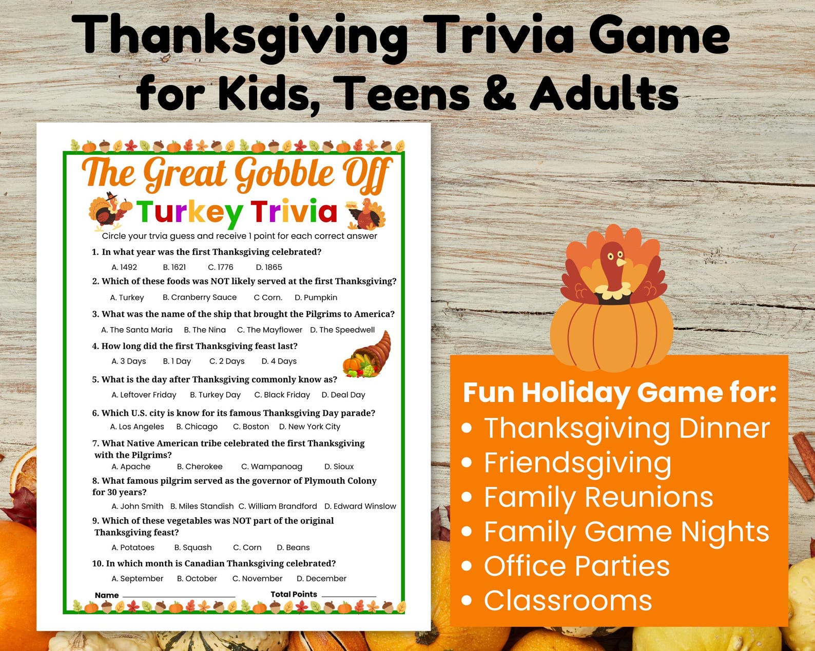 Thanksgiving Trivia Game, Fun Thanksgiving Quiz, Friendsgiving Trivia ...