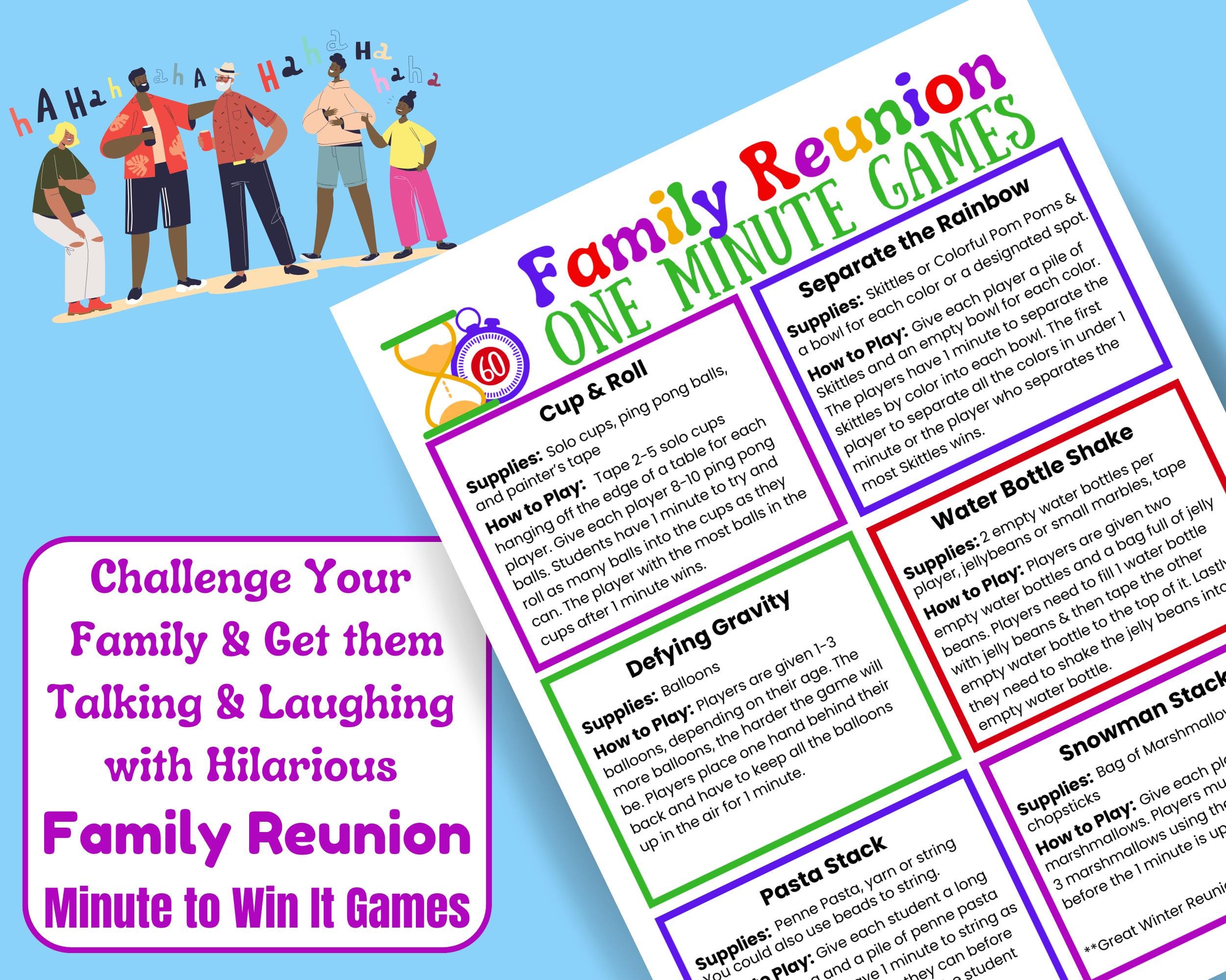 Family Reunion Minute to Win It Games, Fun Games for Reunion, Quick One ...