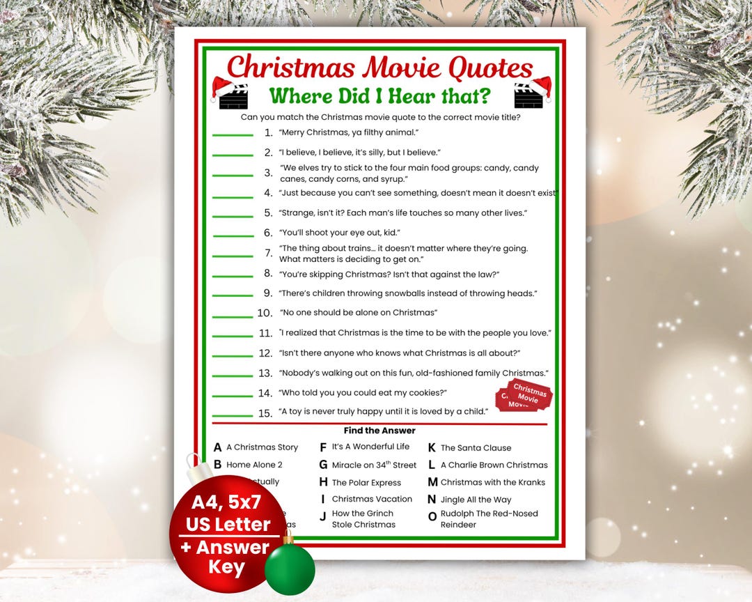 Christmas Movie Quotes Trivia Game, Holiday Movie Quote Game, Christmas ...