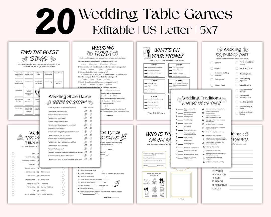 Editable Wedding Table Games Bundle, Wedding Reception Games, Cocktail ...