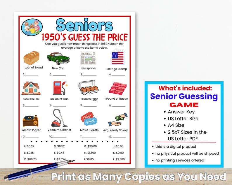 1950s Guess the Price Senior Game, Senior Trivia Game, Senior Party ...
