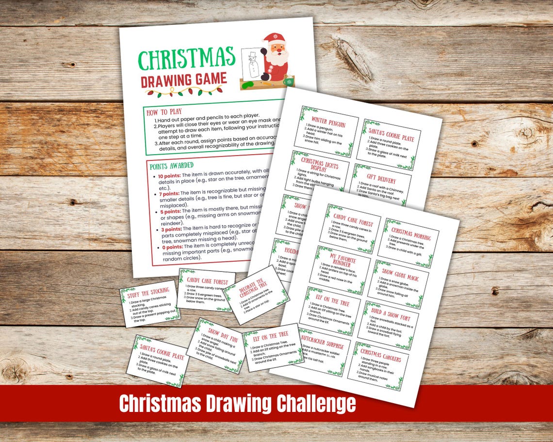 Christmas Picture Drawing Game, Holiday Drawing Challenge Cards, Fun ...