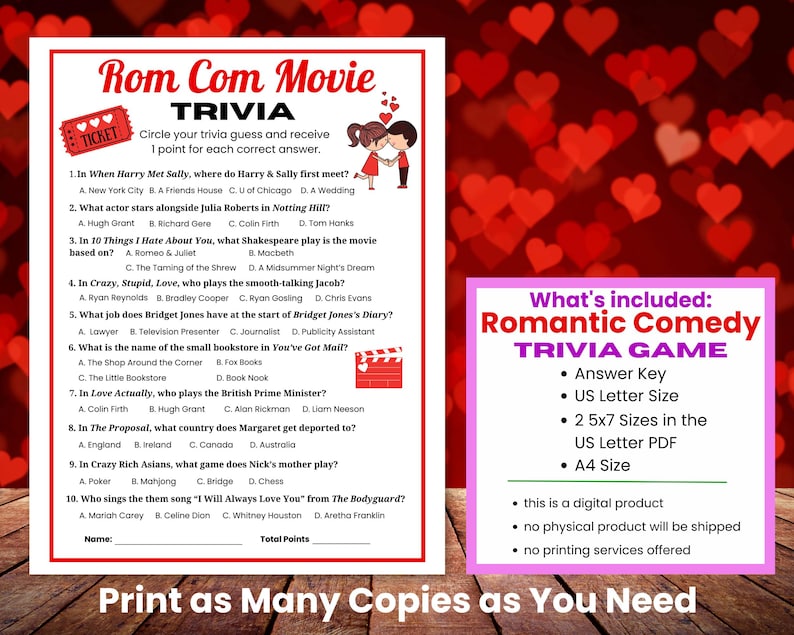 Rom Com Movie Trivia Quiz, Galentines Trivia, Romantic Comedy Trivia ...